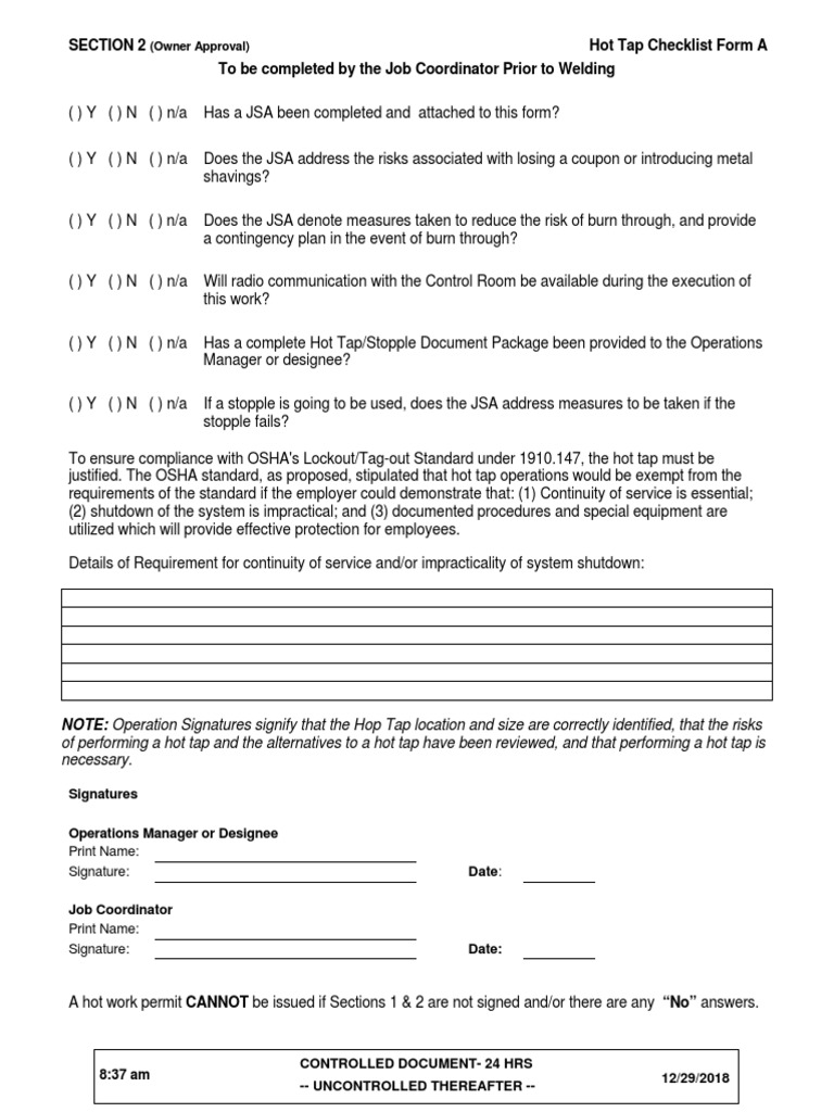 Hot Tap Checklist for Job Coordination | PDF | Technology & Engineering