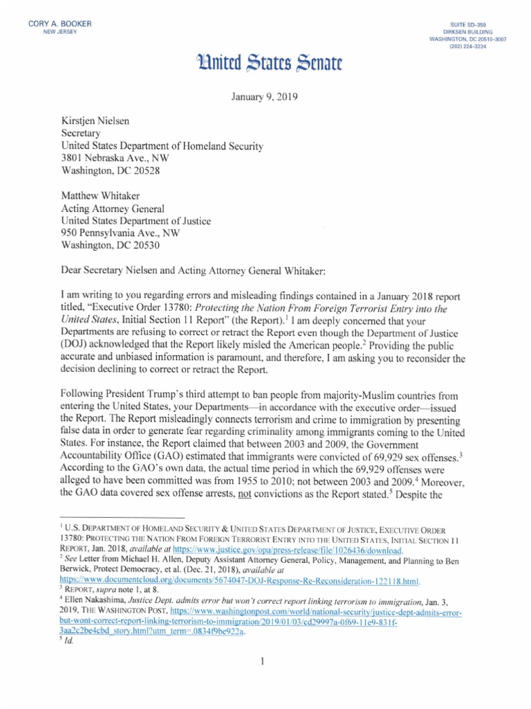 1.9.19 Letter To DHS and DOJ Re Jan 2018 Report Errors FINAL SIGNED | PDF