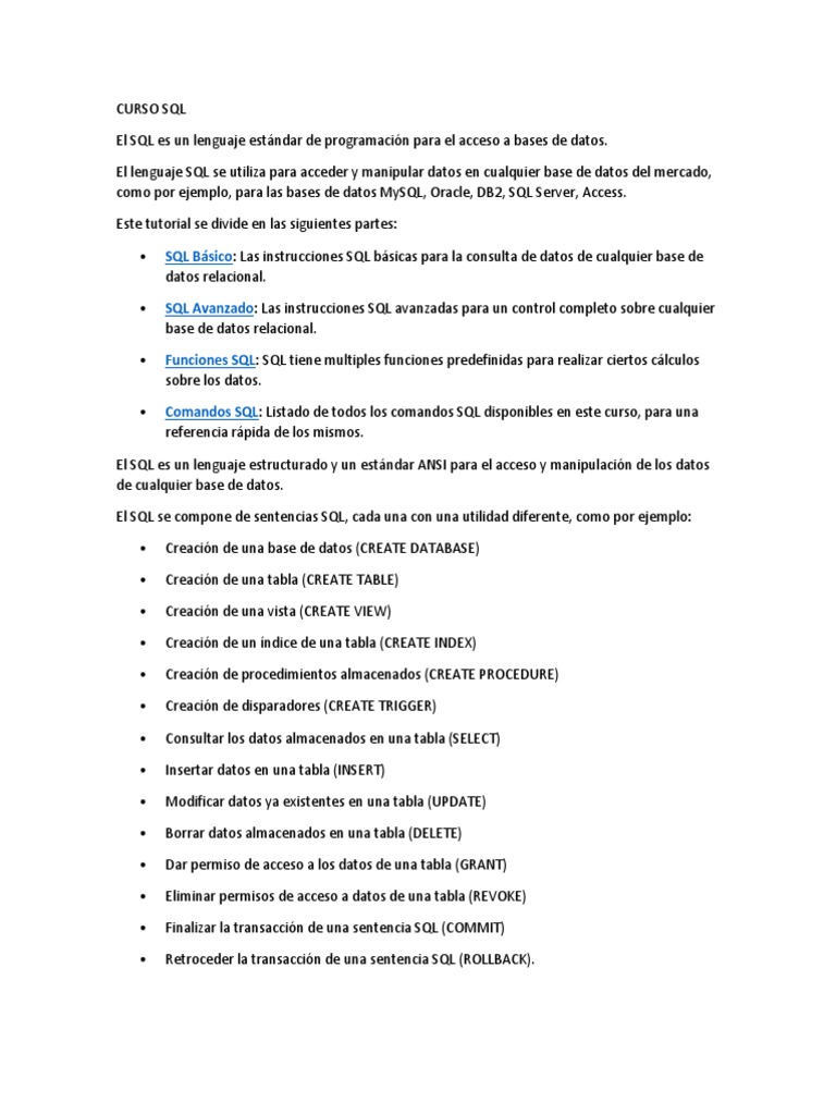 Curso SQL | PDF | SQL | Tabla (base de datos)