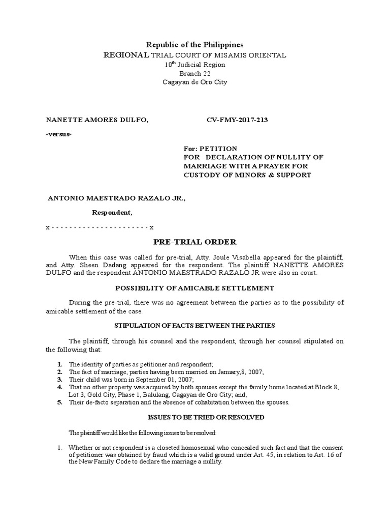 Pre Trial Order | PDF | Annulment | Marriage