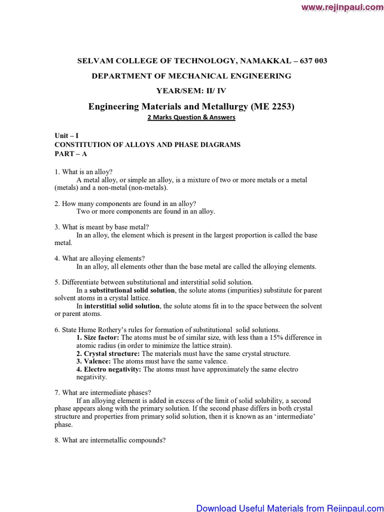 Engineering Materials and Metallurgy (ME 2253) | PDF | Heat Treating ...