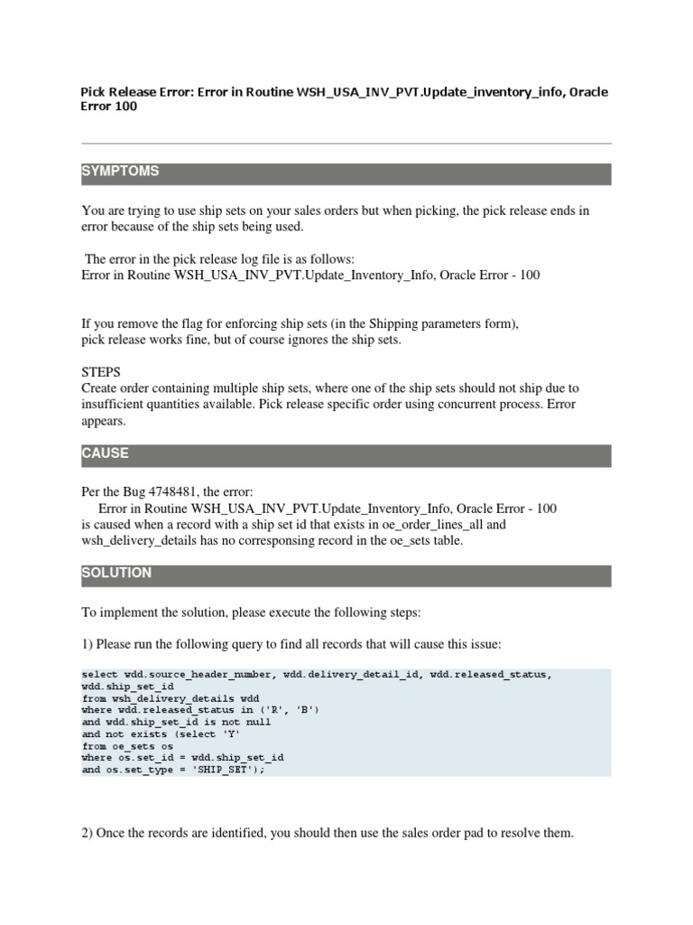 Resolving Oracle Error 100 in Pick Release | PDF