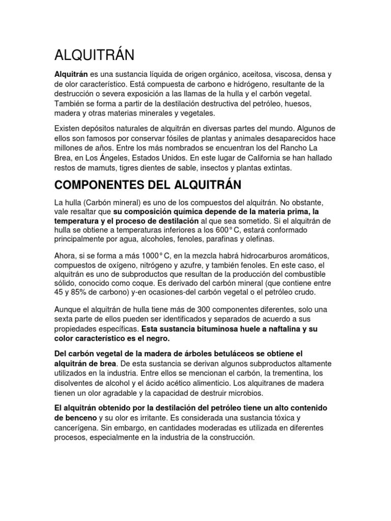 Composición y Usos del Alquitrán | PDF | Materiales | Sustancias químicas