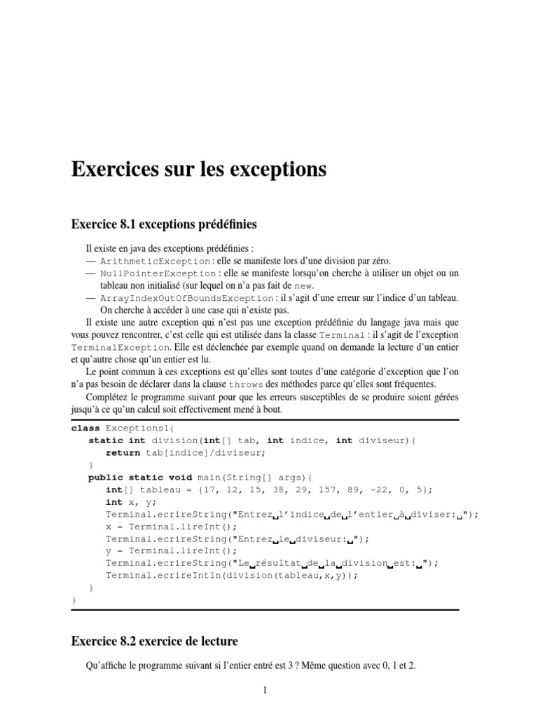 Exercices Exceptions 1 PDF | PDF | Java (Langage de programmation) | Domaines de l'informatique