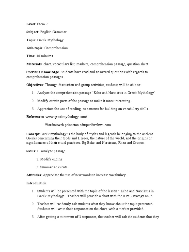 Echo and Narcissus Comprehension | PDF | Reading Comprehension | Greek ...