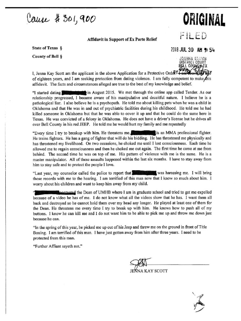 Jenna Scott Describes Abuse, Fear of Ex-Boyfriend: Affidavit in Support of Ex Parte Relief | PDF
