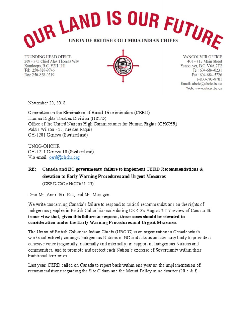 UBCIC Letter To UN Committee On The Elimination of Racial ...