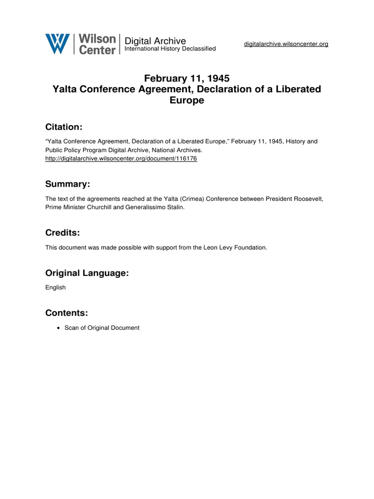 February 11, 1945 Yalta Conference Agreement, Declaration of A ...