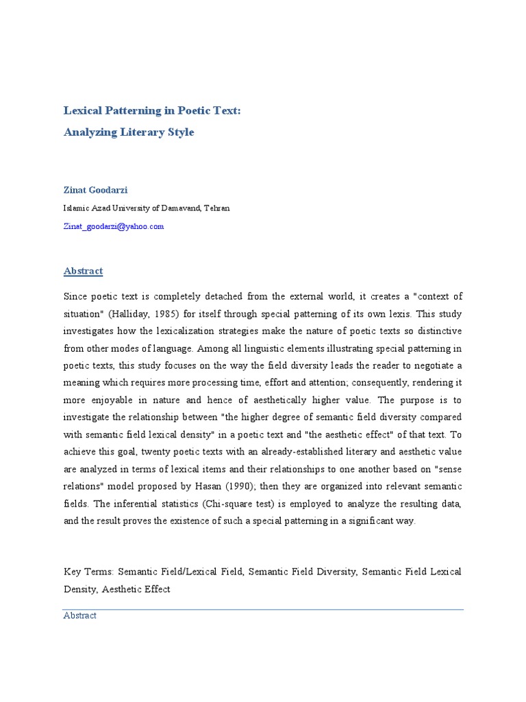 Lexical Patterning in Poetic Text: Analyzing Literary Style: Zinat ...