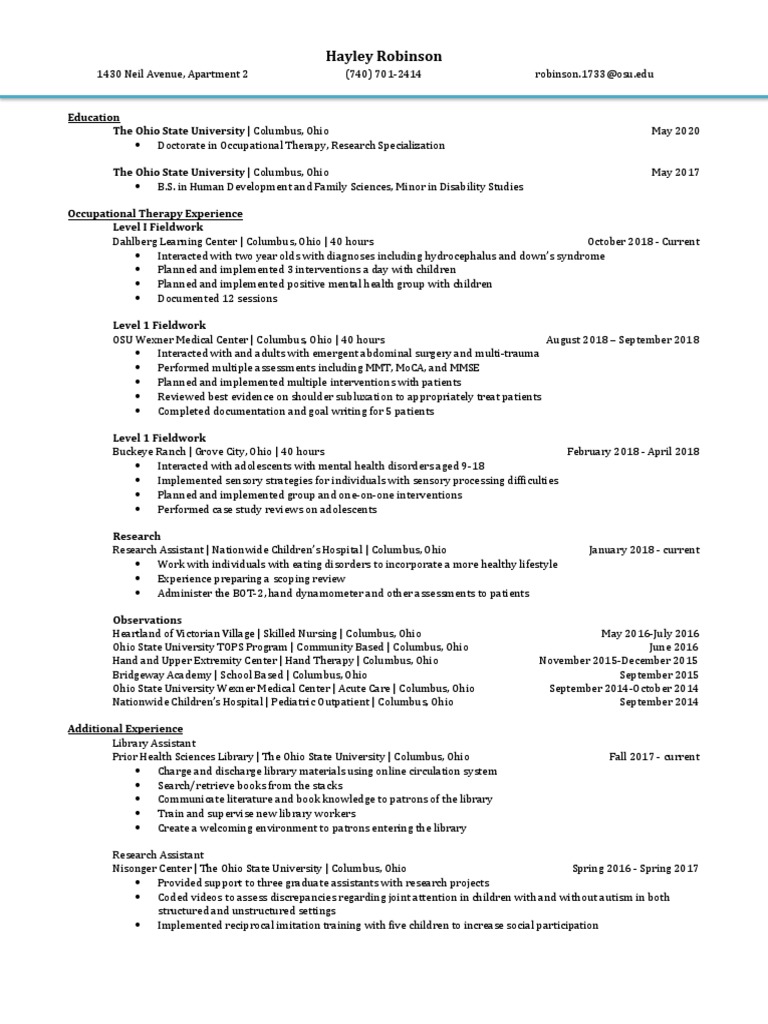 Final Fieldwork Resume | PDF | Ohio State University | Occupational Therapy