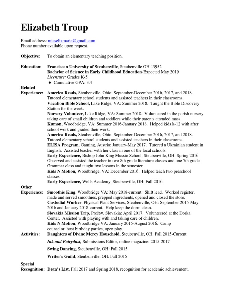 Elizabeth Troup Resume 1 | PDF | Schools | Teachers