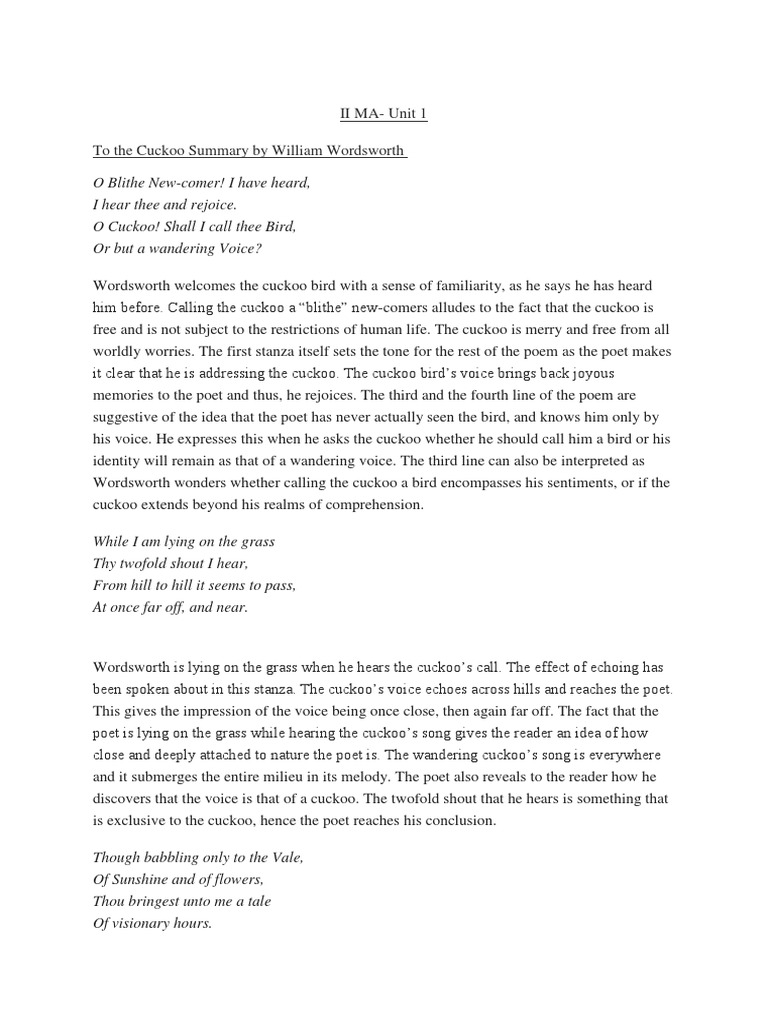 Wordsworth's "To the Cuckoo" Analysis | PDF | Poetry