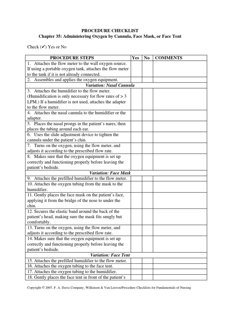 Procedure Checklist Chapter 35: Administering Oxygen by Cannula, Face ...