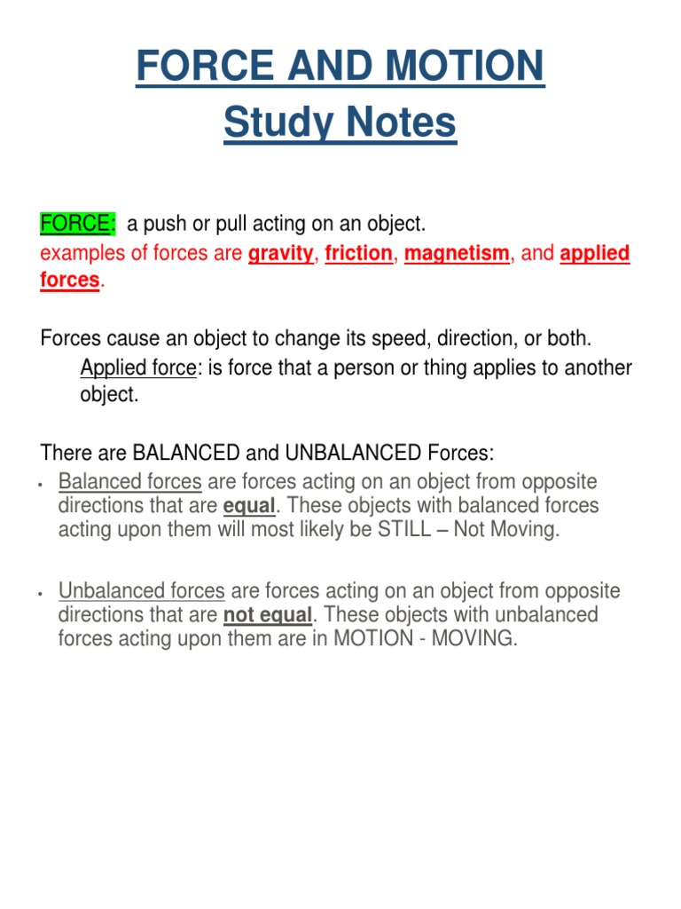 Force and Motion Study Notes: FORCE: A Push or Pull Acting On An Object ...