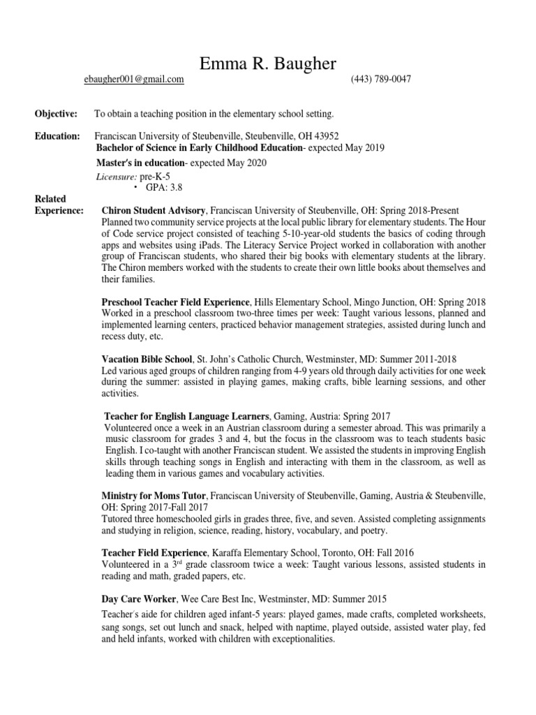 Emma Baugher Resume Portfolio Copy 2019 | PDF | Teachers | Classroom