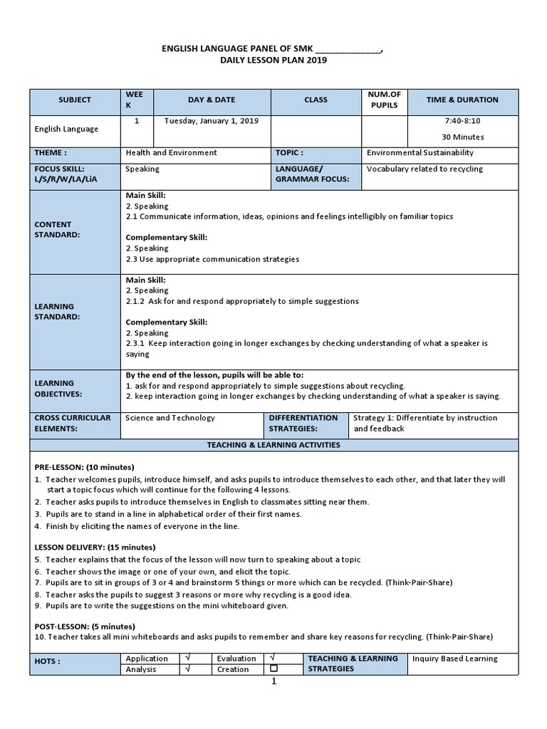 RPH Sample | PDF | Lesson Plan | English Language