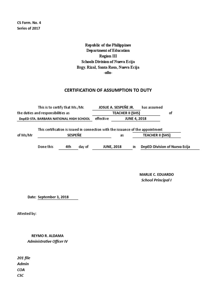 Certification of Assumption To Duty New Format | PDF