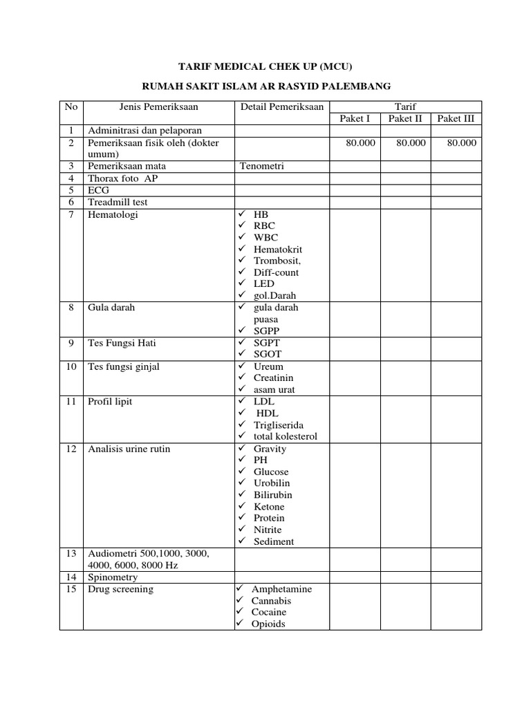 Tarif Medical Chek Up (Mcu) Rumah Sakit Islam Ar Rasyid Palembang | PDF