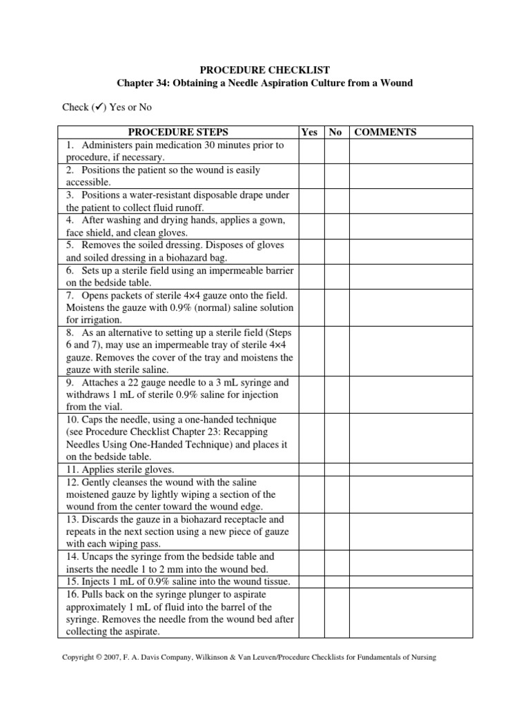 Procedure Checklist Chapter 34: Obtaining A Needle Aspiration Culture ...
