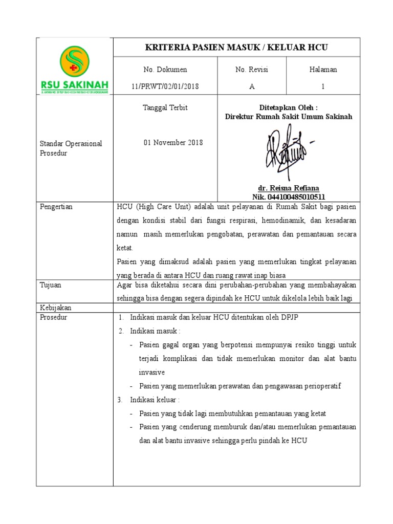 Spo Kriteria Keluar Masuk Hcu | PDF