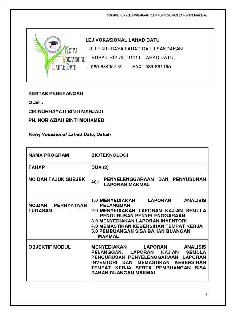 401-Penyelenggaran Dan Penyusunan Laporan Makmal | PDF