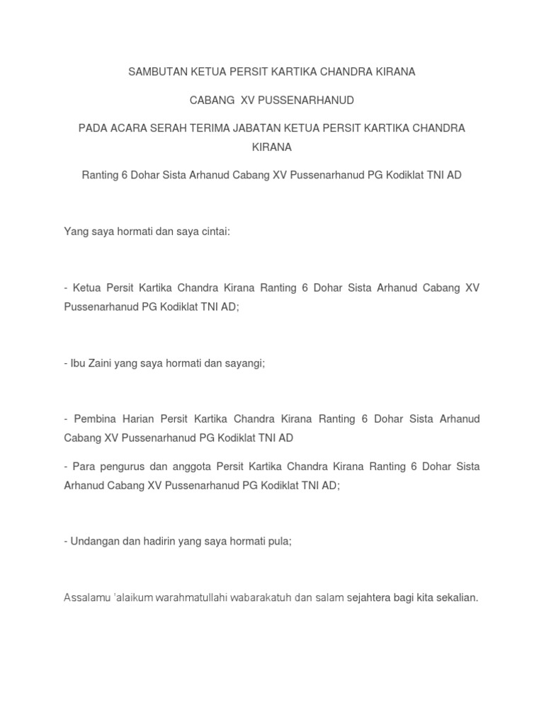 Sambutan Ibu Ketua Persit KCK Cabang XV Pussenarhanud Pada Sertijab Ranting 6 | PDF