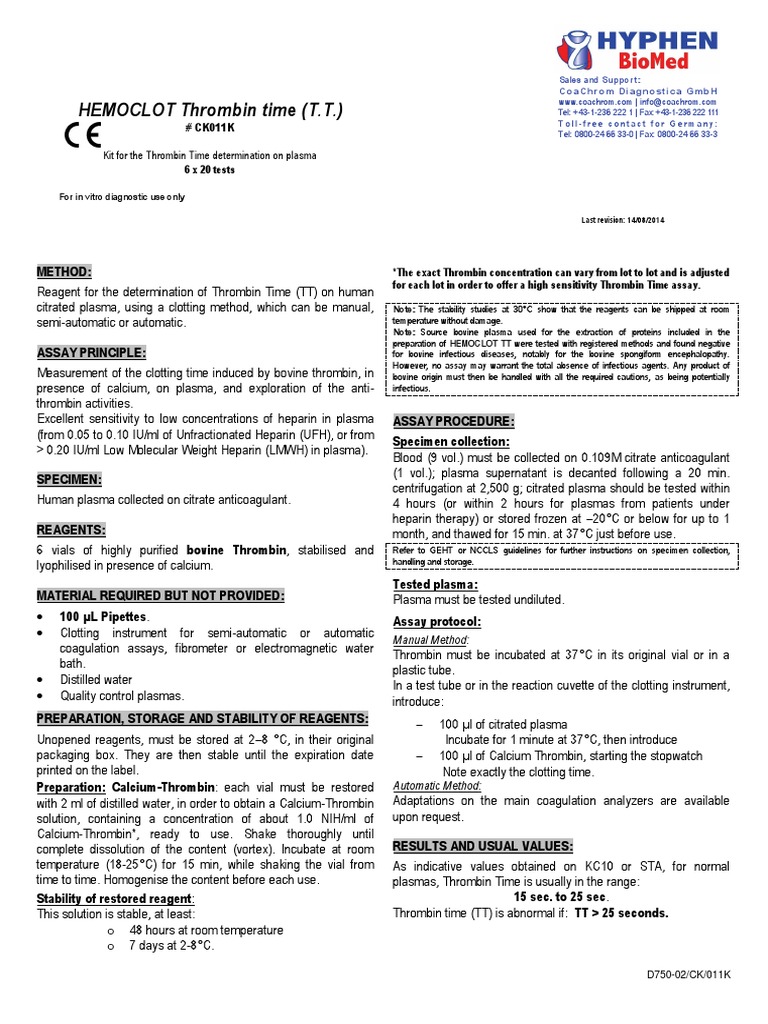 HEMOCLOT Thrombin Time (T.T.) : Kit For The Thrombin Time Determination ...