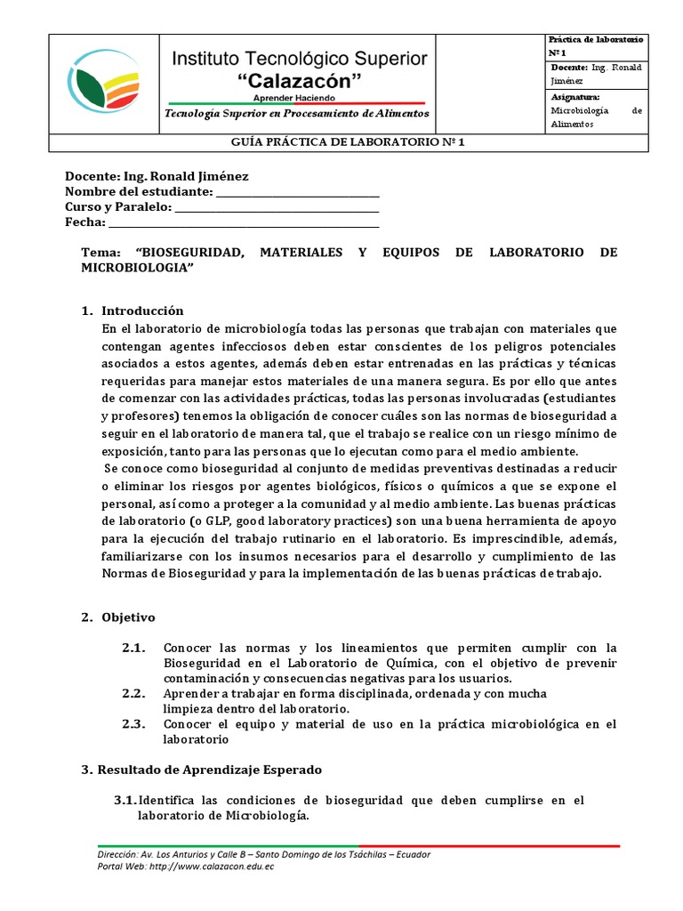 PRACTICA Nº1 Bioseguridad, Materiales y Equipos de Laboratorio | PDF | Laboratorios | Maestros