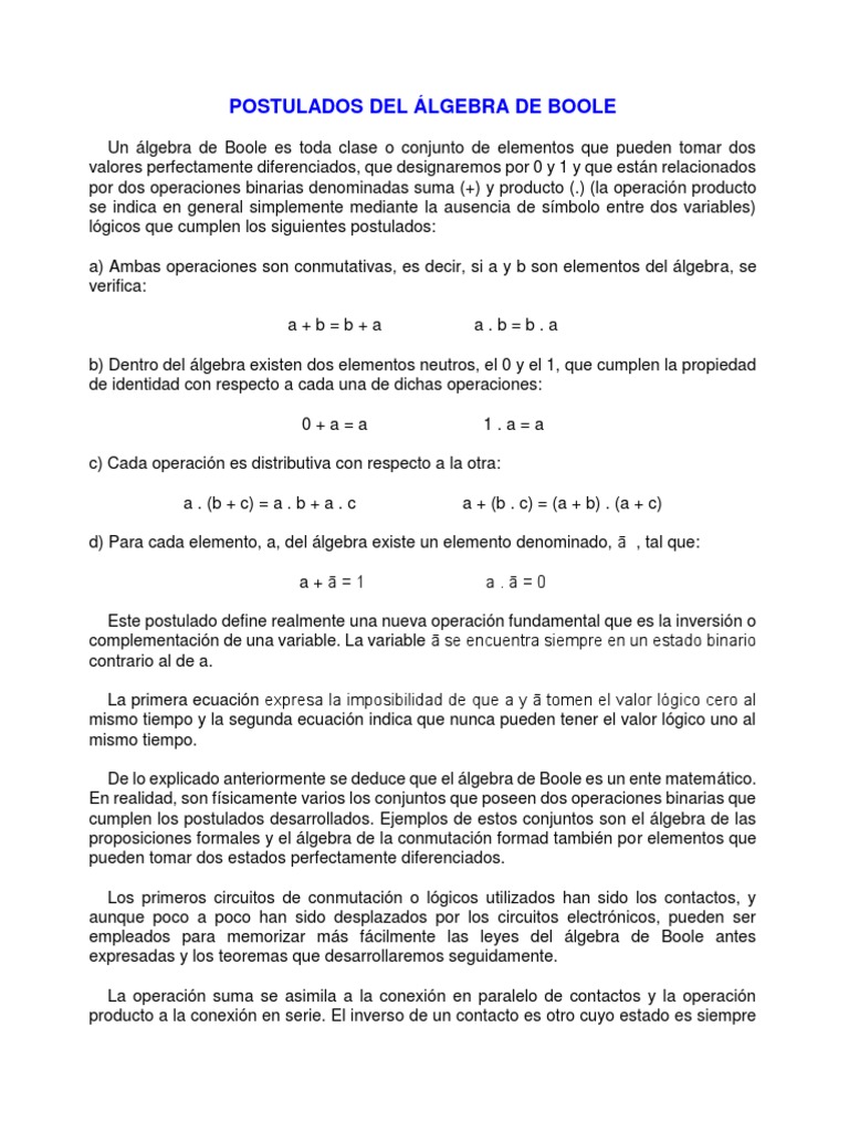 Teoremas y Postulados Del Álgebra de Boole | PDF | Álgebra de Boole ...