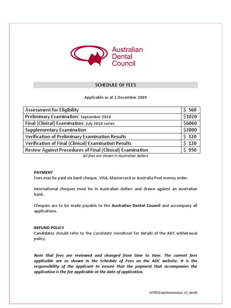 ADC Examination Fees 2009 Schedule | PDF