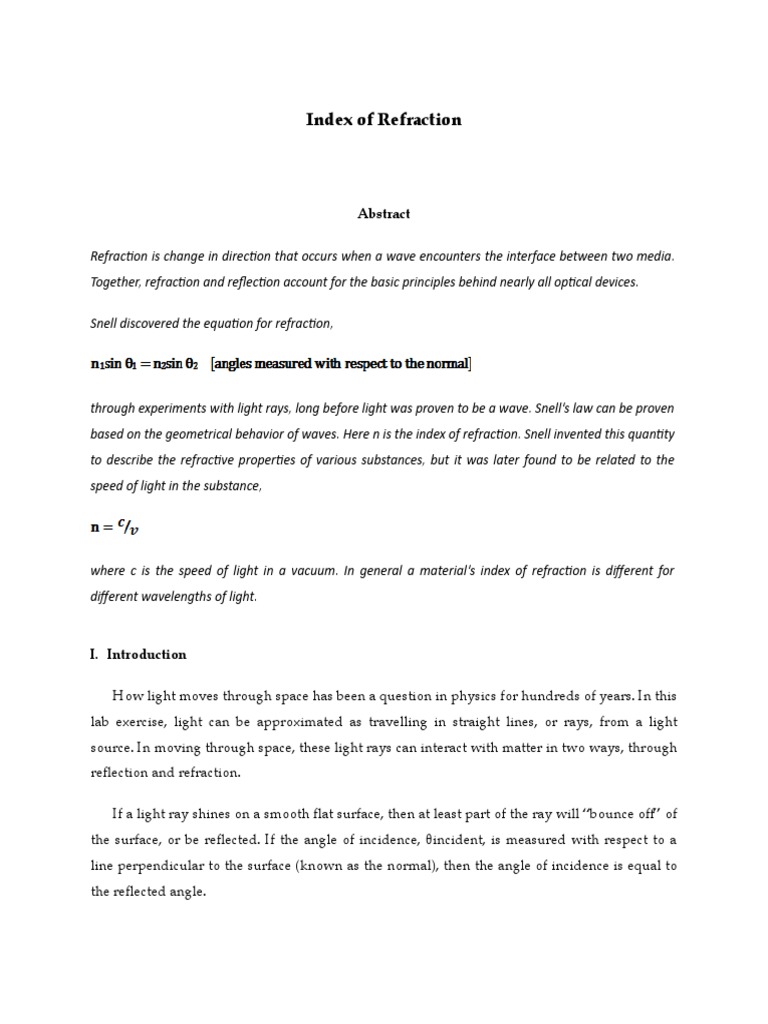 LAB REPORT Index of Refraction | PDF | Refraction | Refractive Index