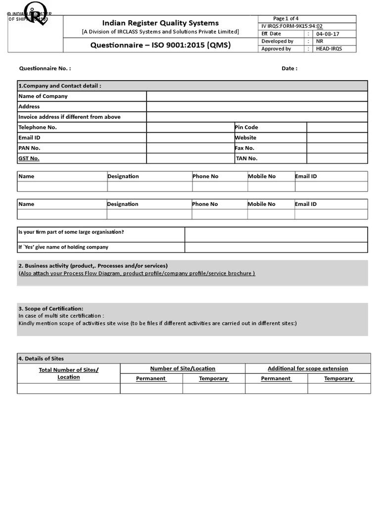 Indian Register Quality Systems Questionnaire - ISO 9001:2015 (QMS ...