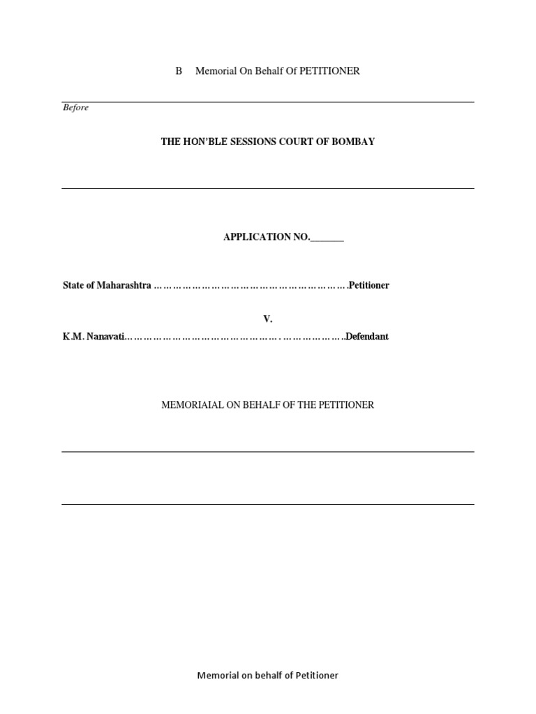 Nanavati Case: Memorial for Petitioner | PDF | Reasonable Person | Murder