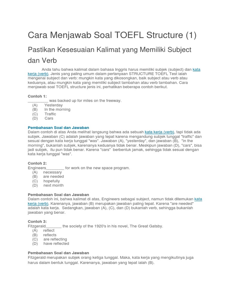 Cara Menjawab Soal TOEFL Structure | PDF