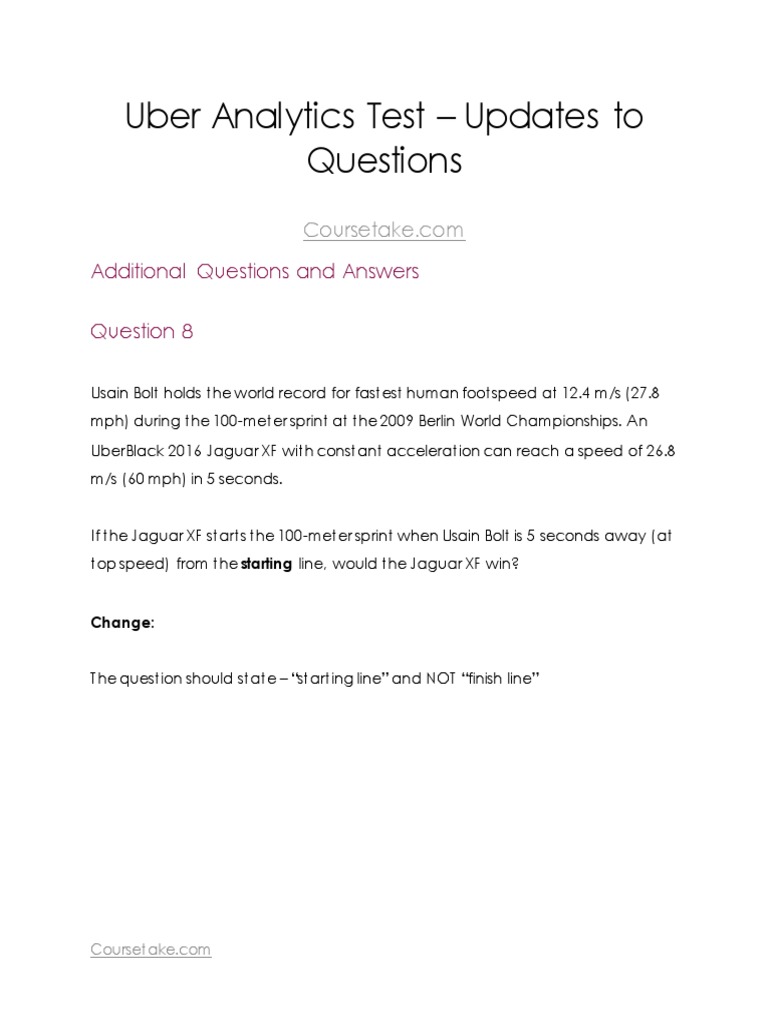 Uber Analytics Test Updates To Questions | PDF