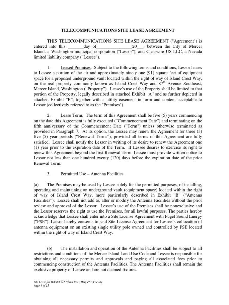 Telecommunications SIte Lease Agreement | PDF | Assignment (Law) | Lease