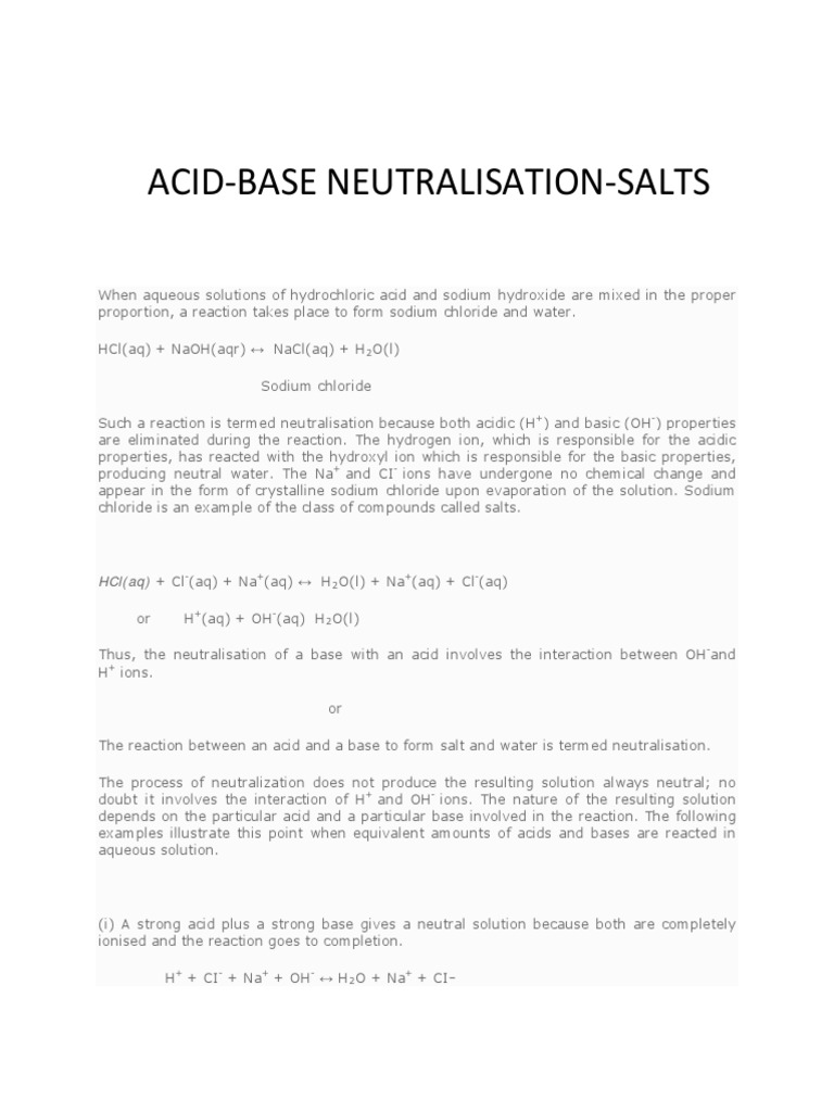 Acid Base Neutralisation Salts | PDF | Hydroxide | Acid