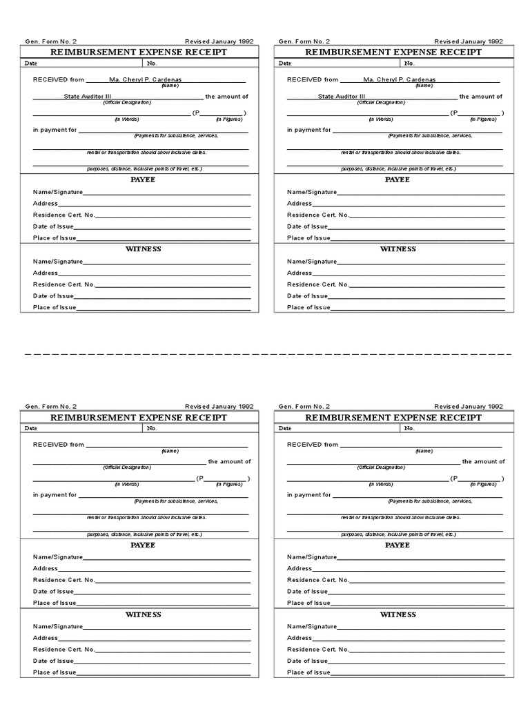 Reimbursement Expense Receipt Reimbursement Expense Receipt: Payee ...
