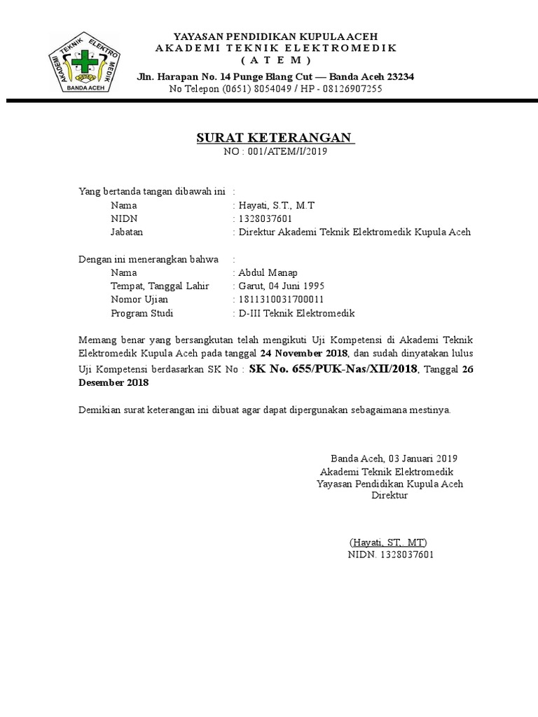 Contoh Form Surat Keterangan Lulus Ukom | PDF