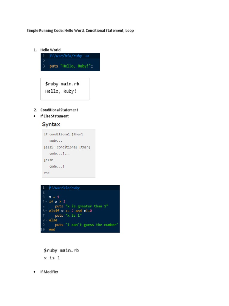 Simple Running Code: Hello Word, Conditional Statement, Loop | PDF