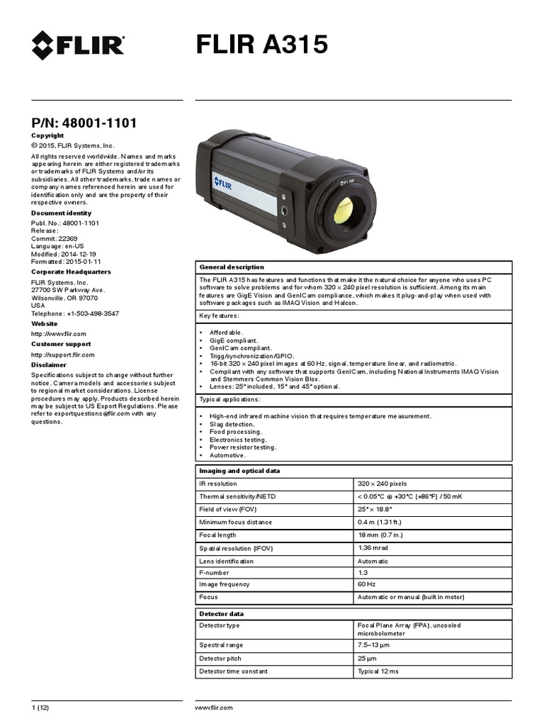 FLIR A315 Datasheet | PDF | Field Of View | Sensor