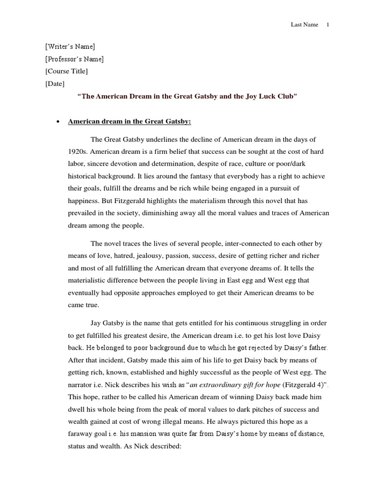 The American Dream in The Great Gatsby and The Joy Luck Club | PDF ...