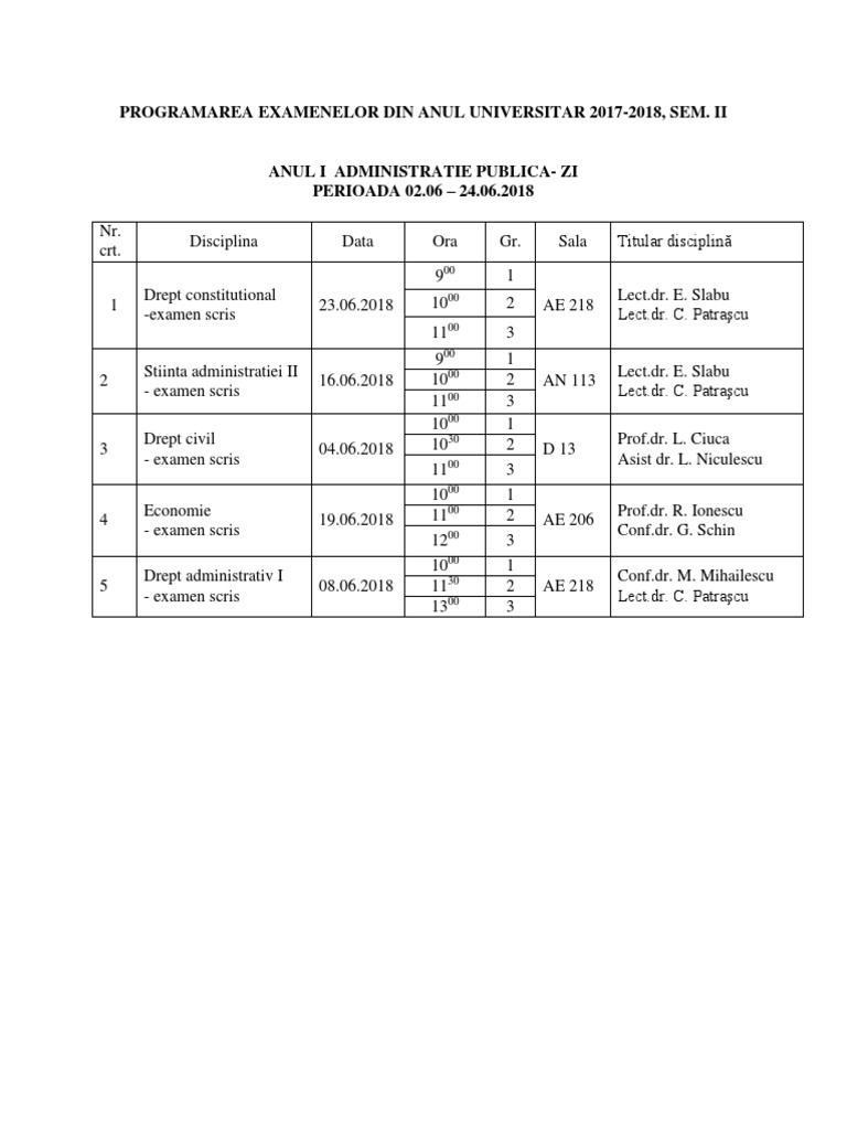 Programarea Examenelor Din Anul Universitar 2017-2018, Sem. Ii | PDF