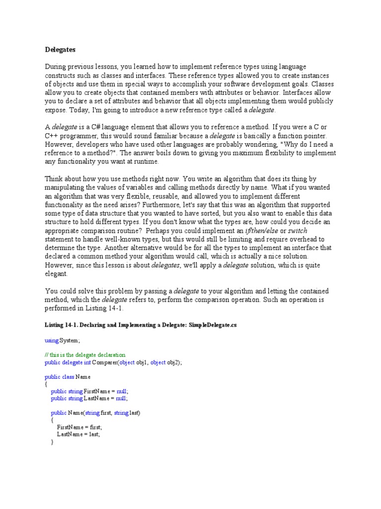 Delegates Listing 14 1 Declaring And Implementing A Delegate Simpledelegate Cs Pdf 