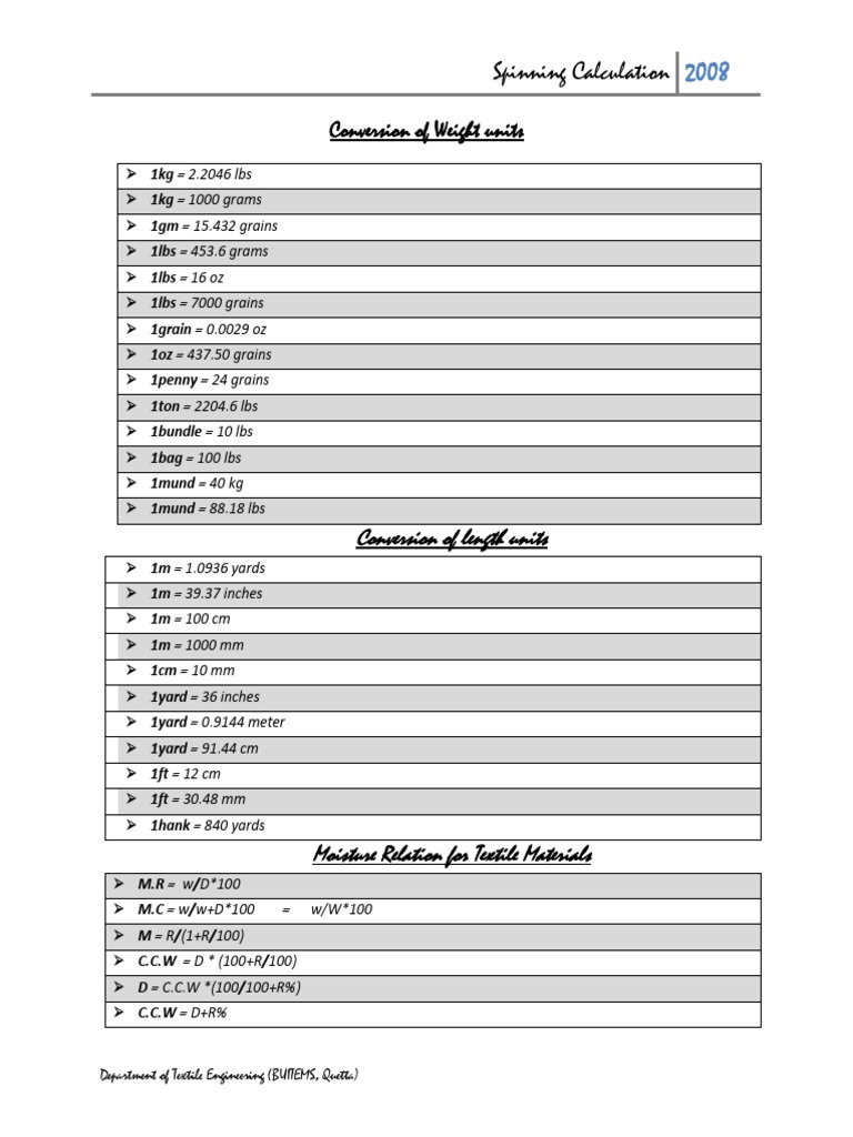 Spinning Calculation: Conversion of Weight Units | PDF | Physical ...