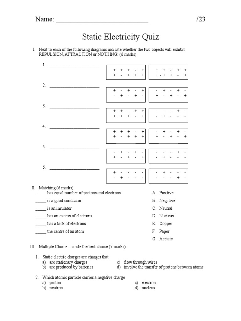 Static Electricity Quiz Key and Answers | PDF | Electric Charge | Electron