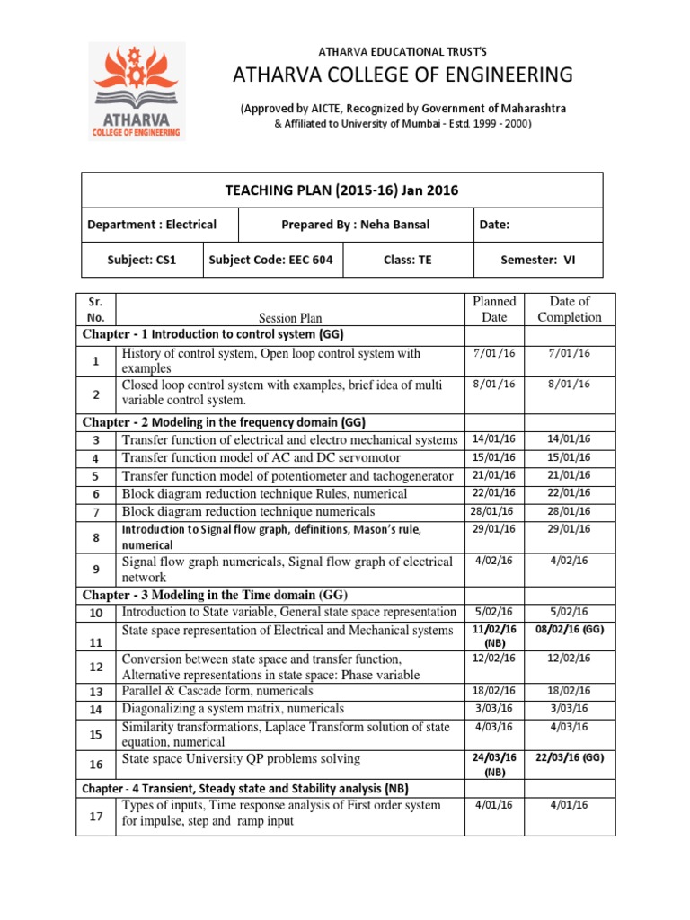 CS1 Jan 2015 Teaching Plan | PDF | Stability Theory | Control Theory