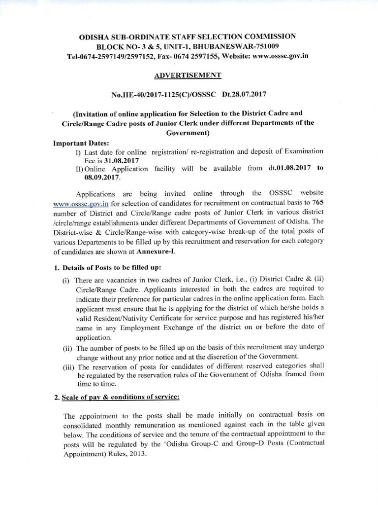 Notification OSSSC Junior Clerk Cadre Post New | PDF