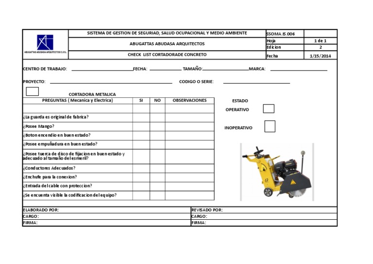 CHECK LIST Cortadora de Concreto | PDF