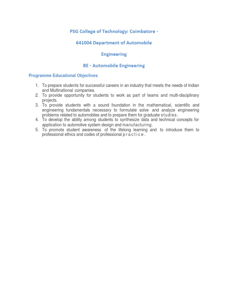 Program Educational Objectives for the Bachelor of Engineering in ...